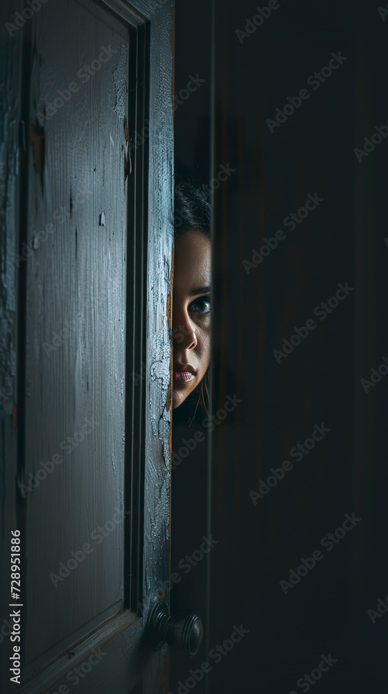 A scared woman hides from the intruder silently behind the door. Woman ...