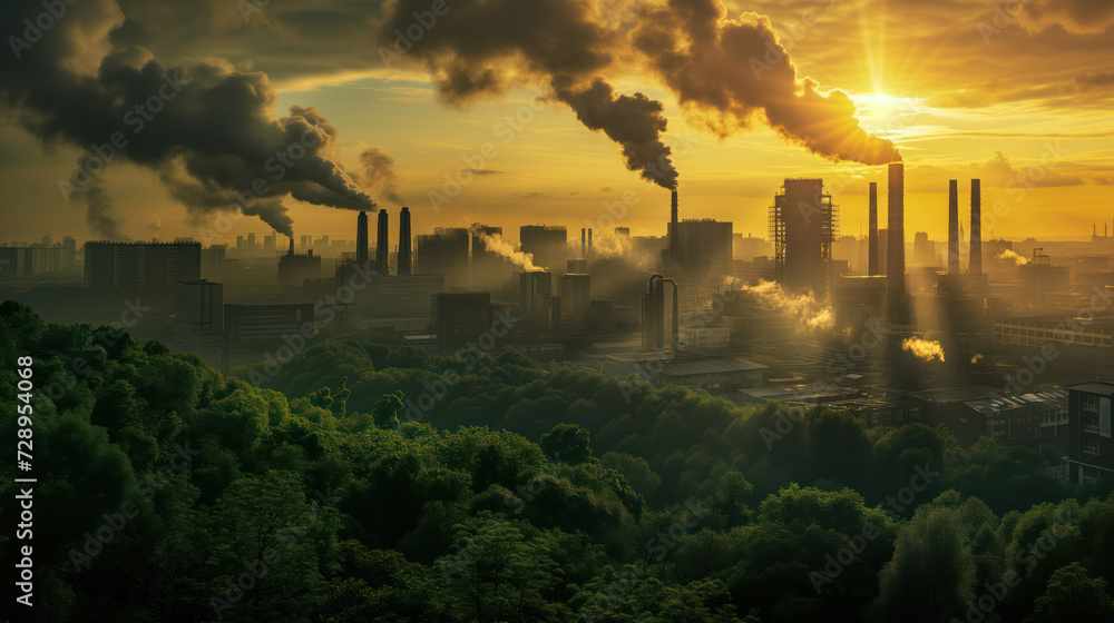The sun sets over the polluted landscape, casting a fiery glow on the ...