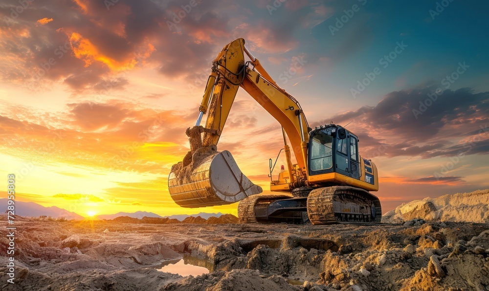 Excavator in open pit mining Excavator on earthmoving on sunset Loader ...