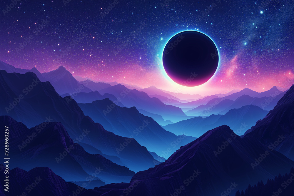 Artistic rendition of a solar eclipse over layered mountain ranges with ...