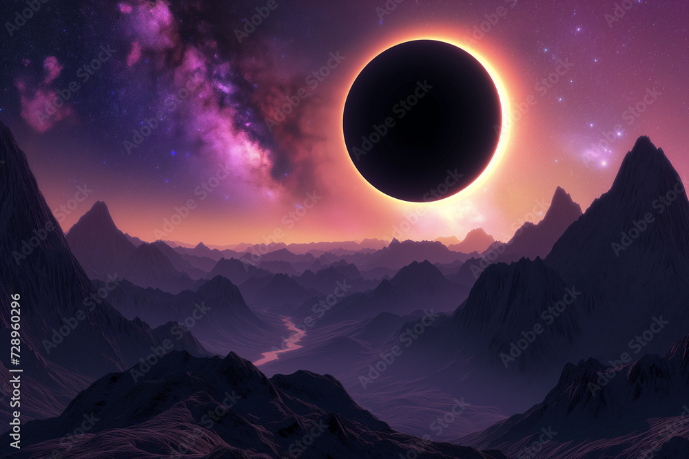 Artistic rendition of a solar eclipse over layered mountain ranges with ...
