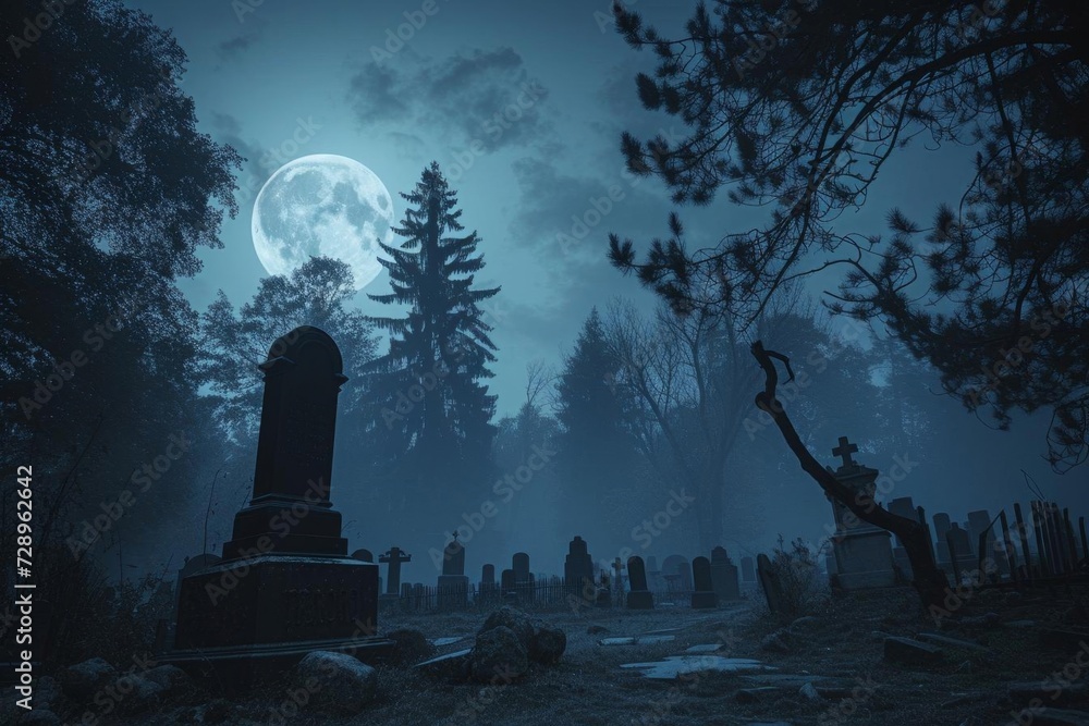 Eerie cemetery nestled in a mysterious Fog-enshrouded forest on a ...