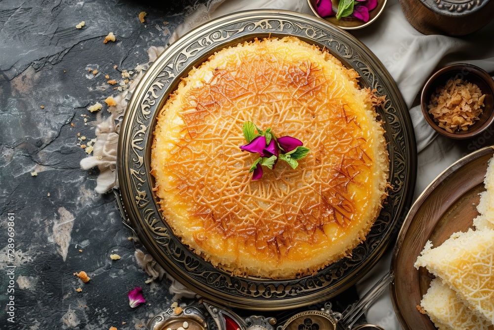 The top of the cake is garnished with a fresh mint leaf and sprinkled ...