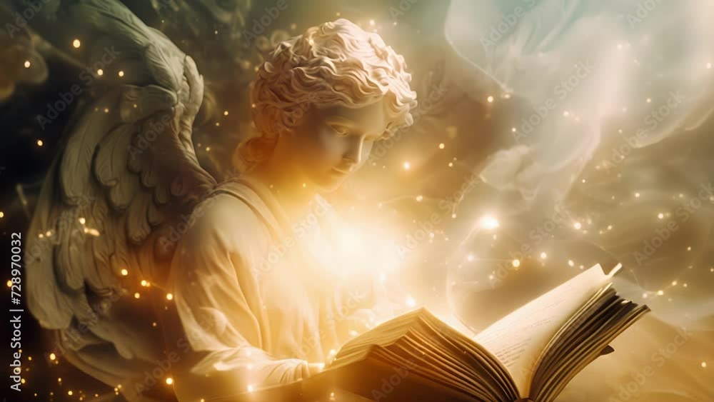 A serene angel surrounded by floating books and orbs of light their ...