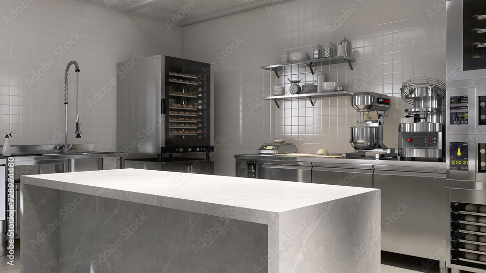 Empty clean white marble top counter table in commercial, professional ...