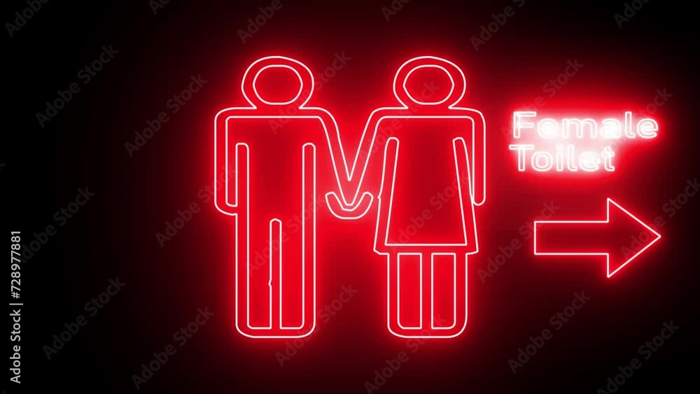 Red neon outline female toilet or restroom sign on a black background ...