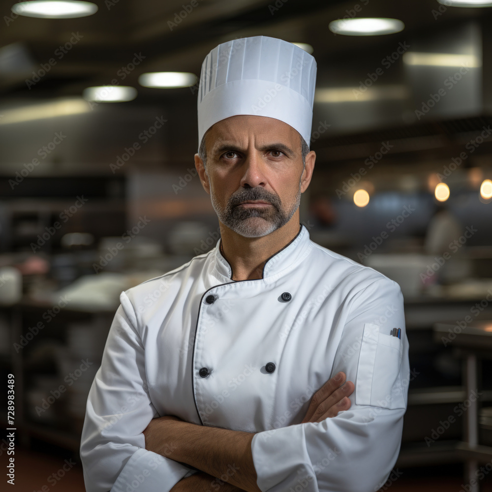 A stern chef with arms crossed wearing a white uniform and chef hat ...