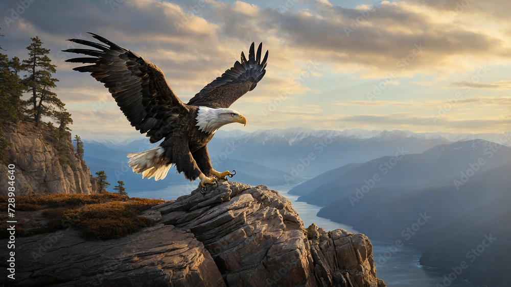 A picture of a bald eagle gracefully descending from the sky to the ...