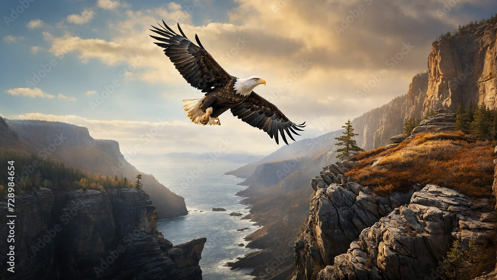 A picture of a bald eagle gracefully descending from the sky to the ...