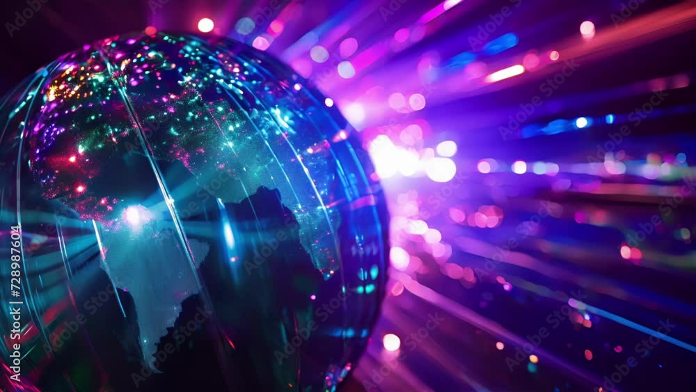 An illuminated neon globe with colorful beams of light emanating from ...