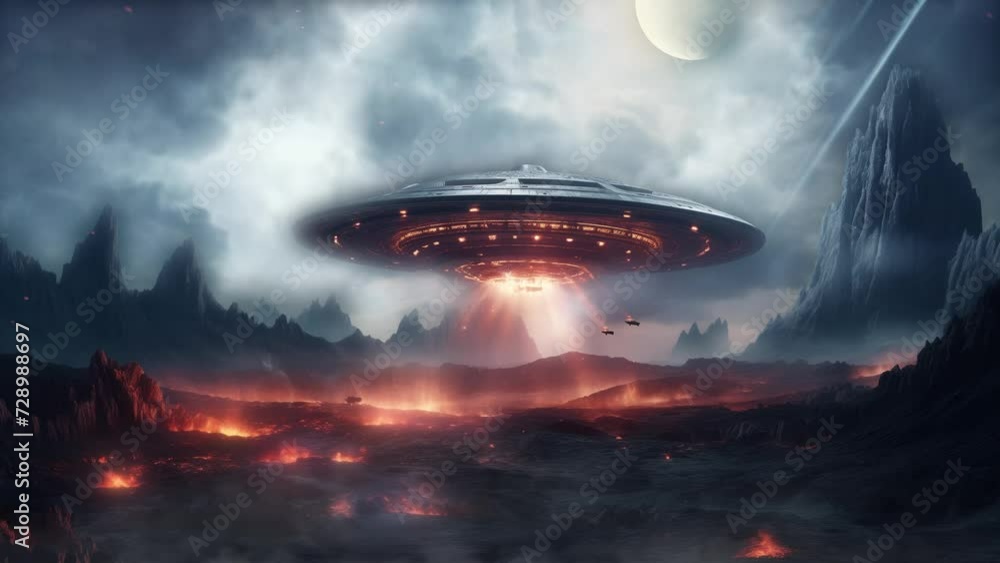 the spacecraft landing at the alien planet with galaxy. seamless ...