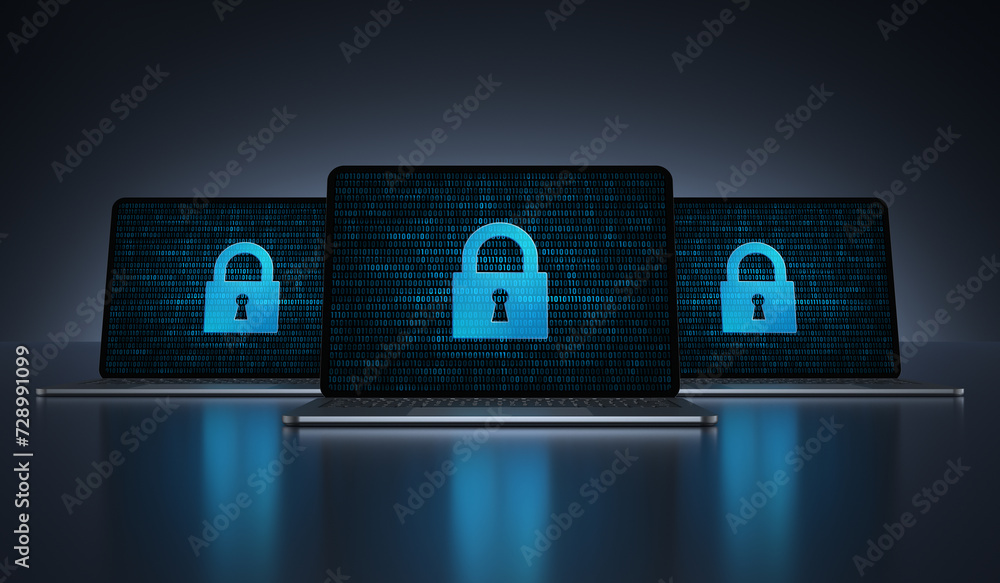 Laptop devices with Digital Lock icon on their screens on a dark ...