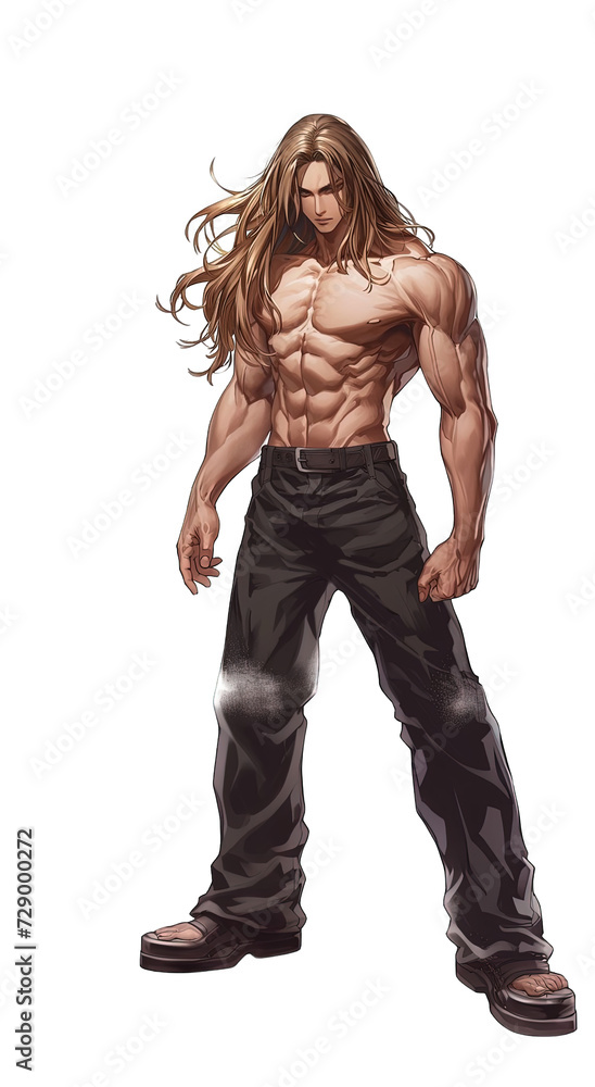 Long hair muscular man full body, anime style Stock Illustration ...