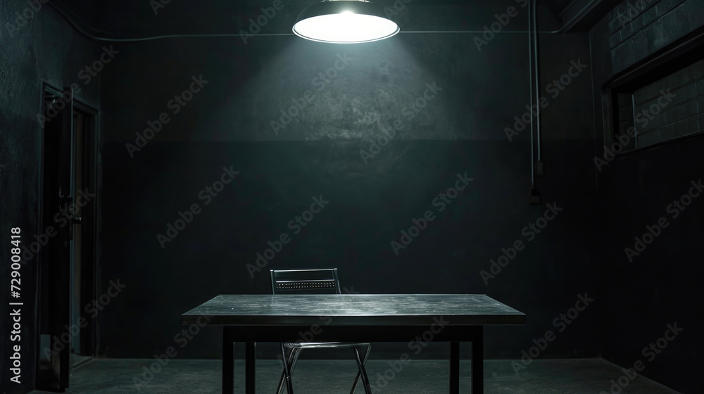 Photo & Art Print Dark, gritty interrogation room with single bright ...