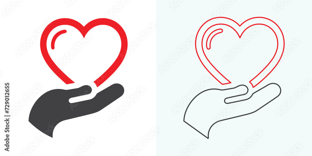 Heart in hand icons set. Hands-holding heart icon. Love icon. Health ...
