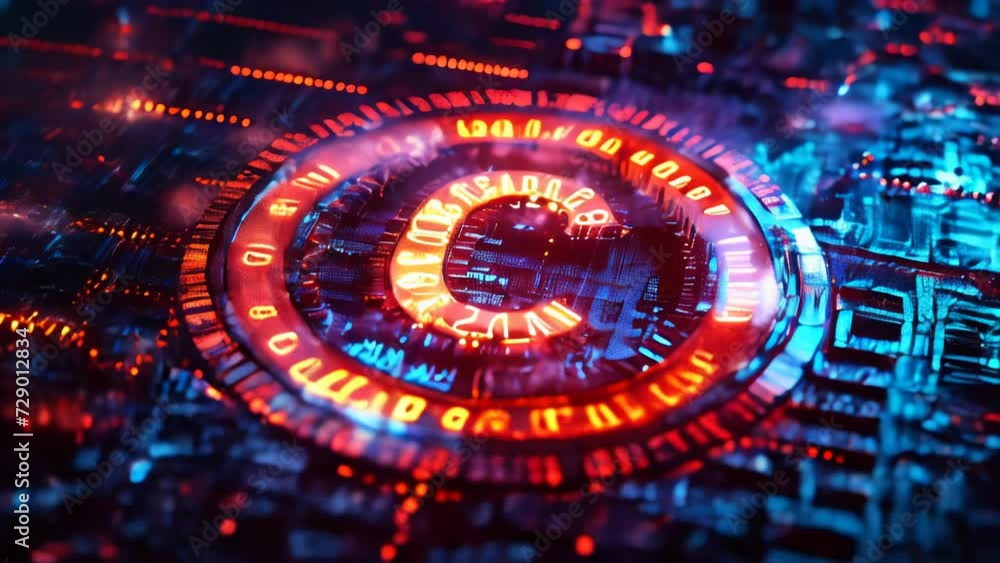 Vibrant digital copyright symbol encircled by neon cyber structures ...