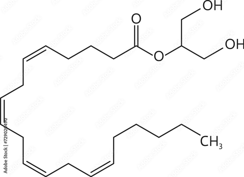 Neurotransmitter, 2-Arachidonoylglycerol or 2-AG chemical formula of molecule, vector molecular ...