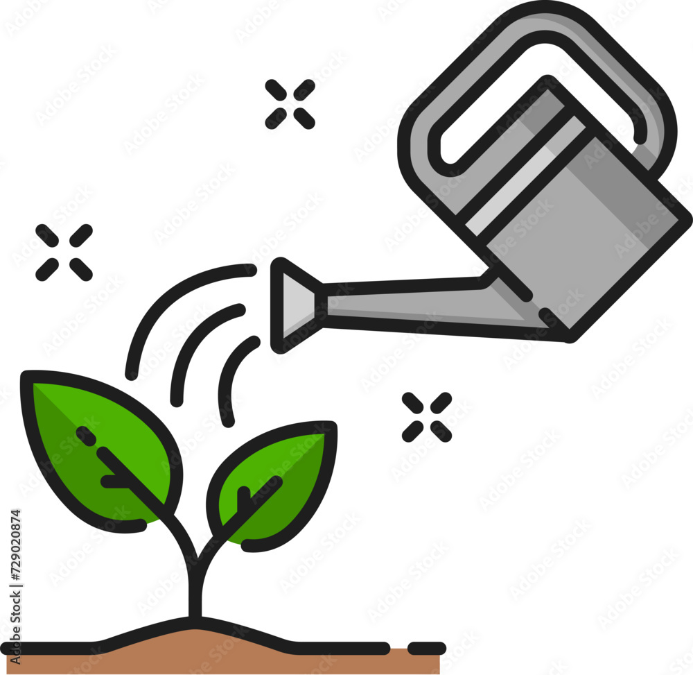 Plant growing and watering can line icon, sprout sprig with green ...