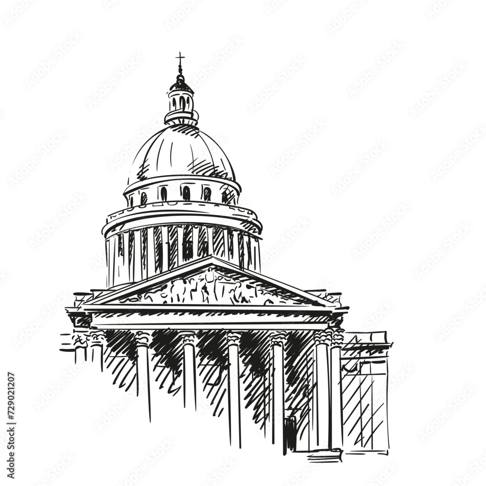 Pantheon in Paris, France, Main facade and dome, Hand drawn ...