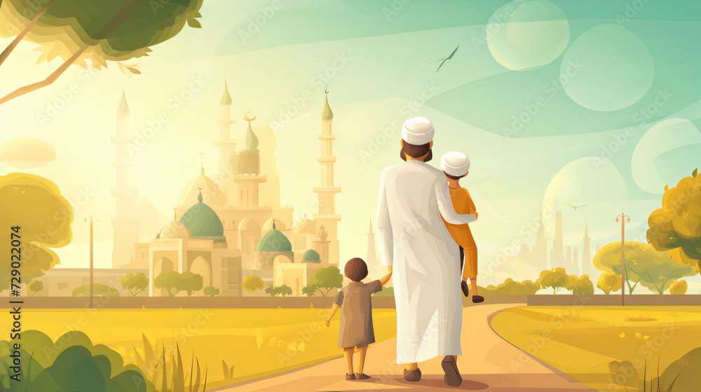 Generative ai illustration of a father taking his child to the mosque ...