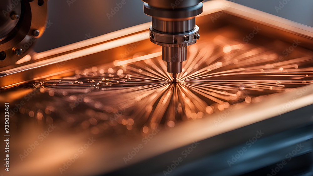 Macro scene of hi-precision nano CNC milling machine cutting the copper ...