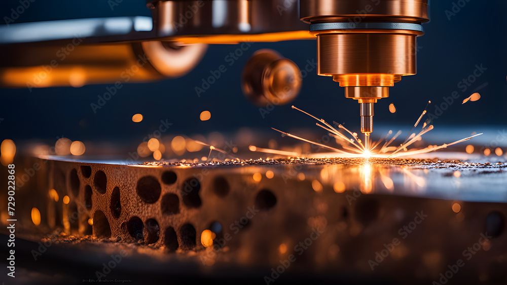 Macro scene of hi-precision nano CNC milling machine cutting the copper ...