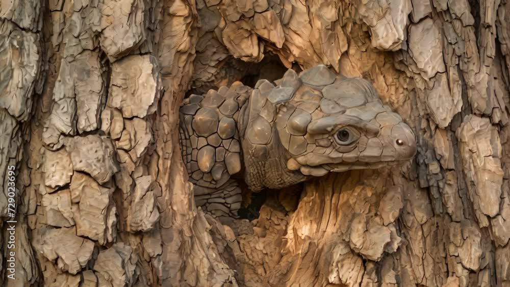 An Ankylosaurus camouflaged against the bark of a tree its armored body ...