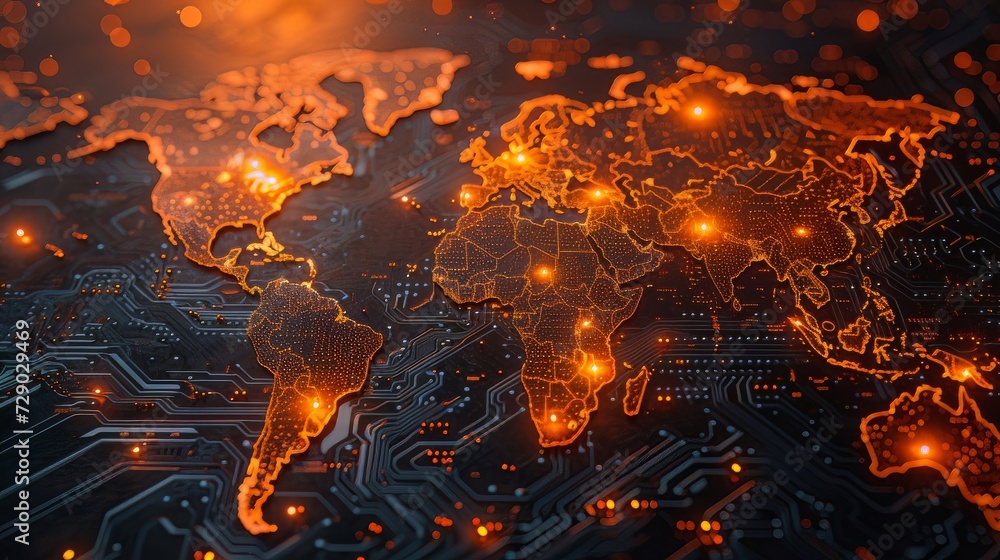 A glowing, orange digital world map overlays a dark, intricate circuit ...