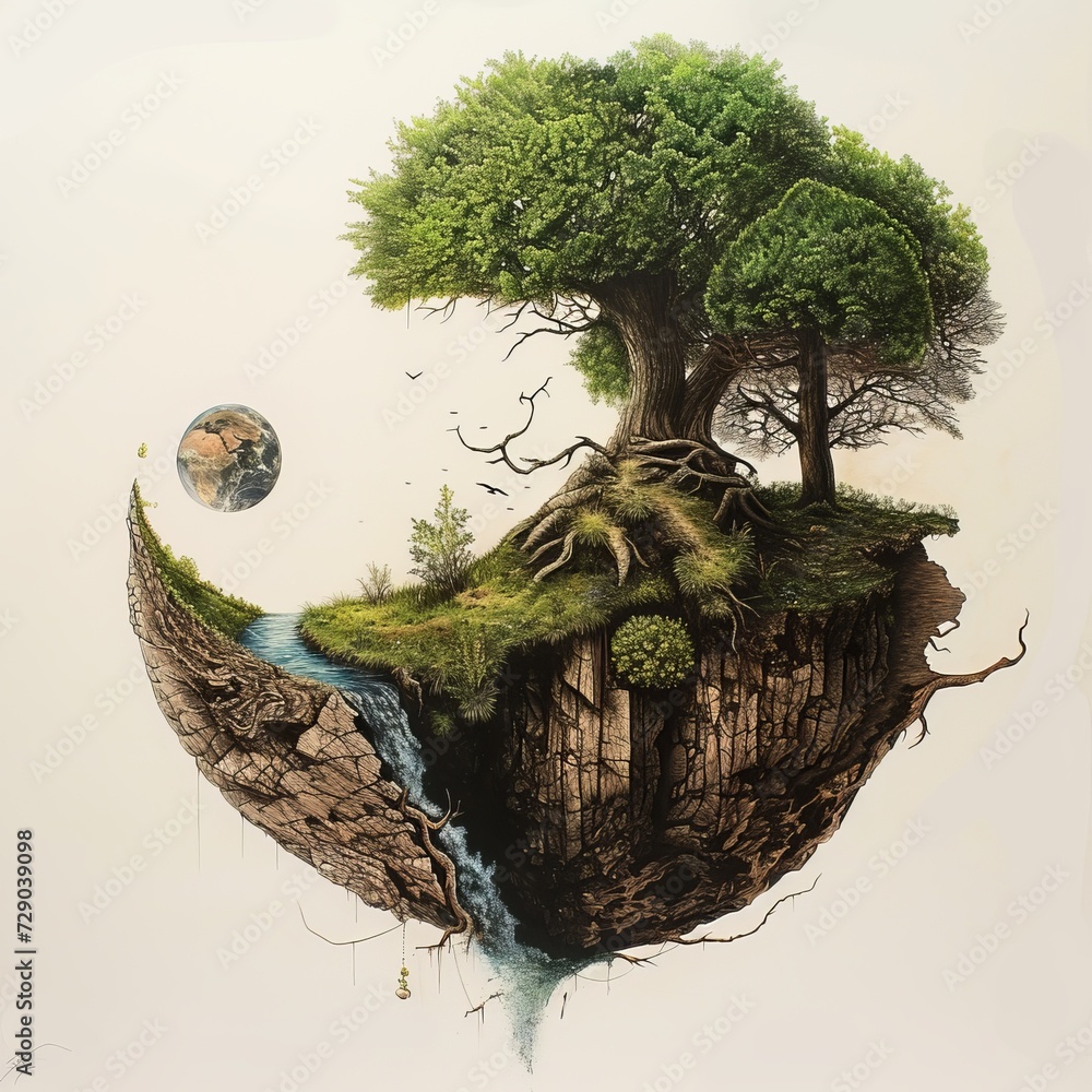 Surreal illustration of a tree on a floating island with waterfalls and ...