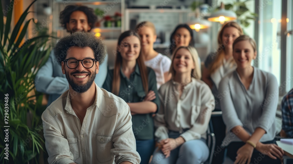 Cheerful diverse team in a modern office setting, showcasing ...