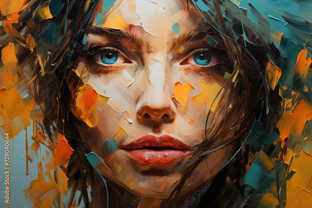 Vibrant and bold, a modern portrait of a woman adorned with striking ...