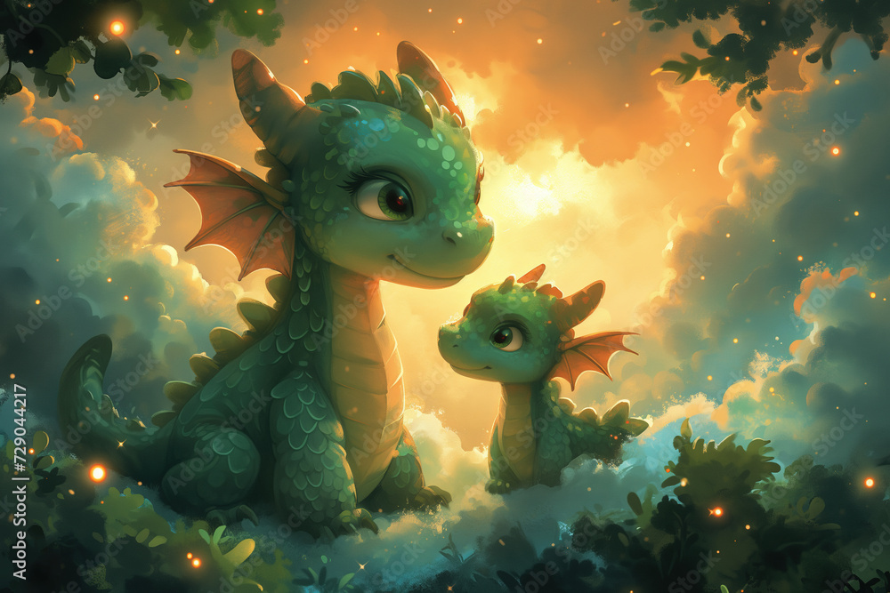 Cute green mother dragon with her little baby dragon. Stock ...