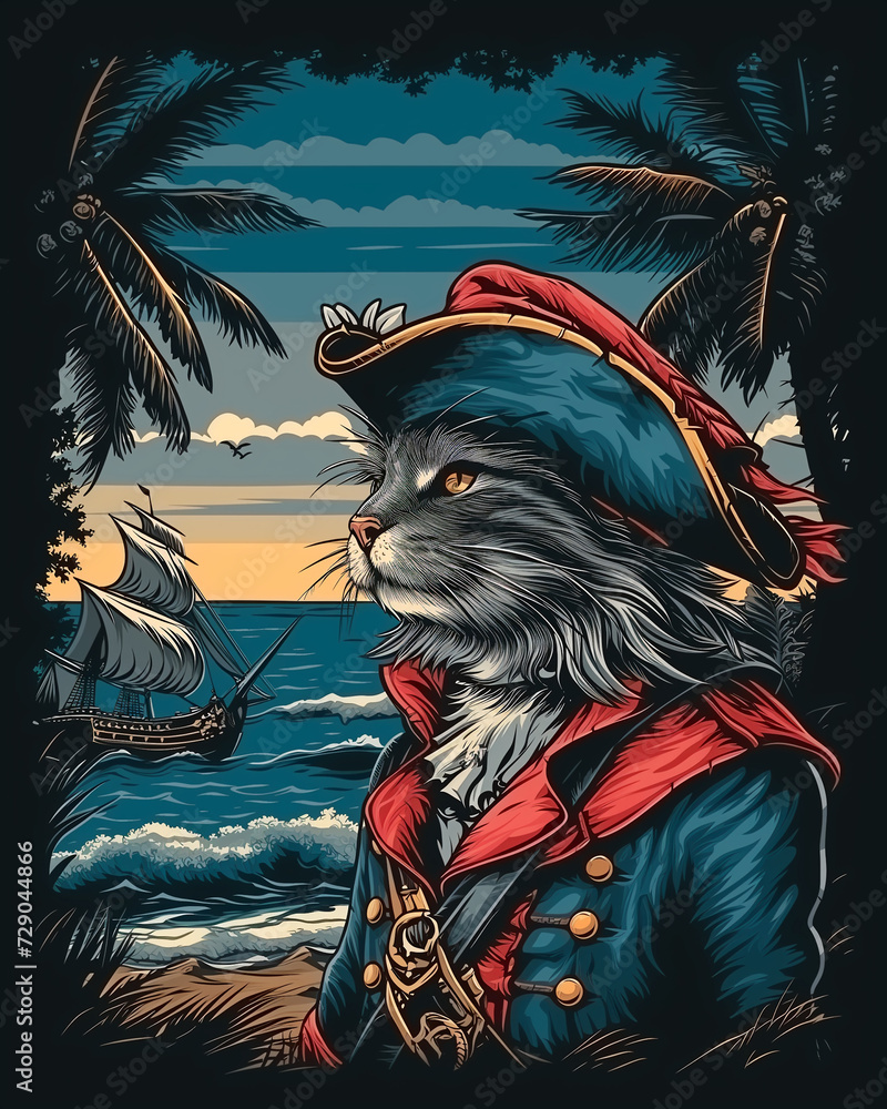 sea robber. A cat in the role of captain of a pirate ship, in a shorts ...