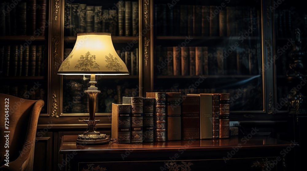 Dimly lit corner of an old library, with ornate wallpaper and a classic ...