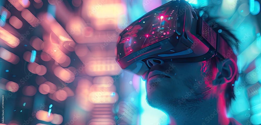 Man immersed in modern virtual world wearing VR goggles amidst city ...