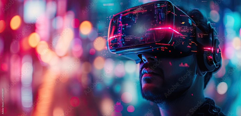 Man immersed in modern virtual world wearing VR goggles amidst city ...
