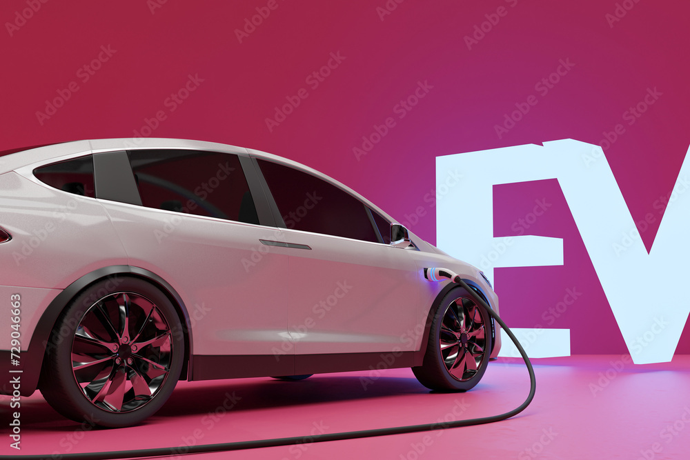 3D Rendering : Illustration of Ev car parking and charging. Red luxury ...