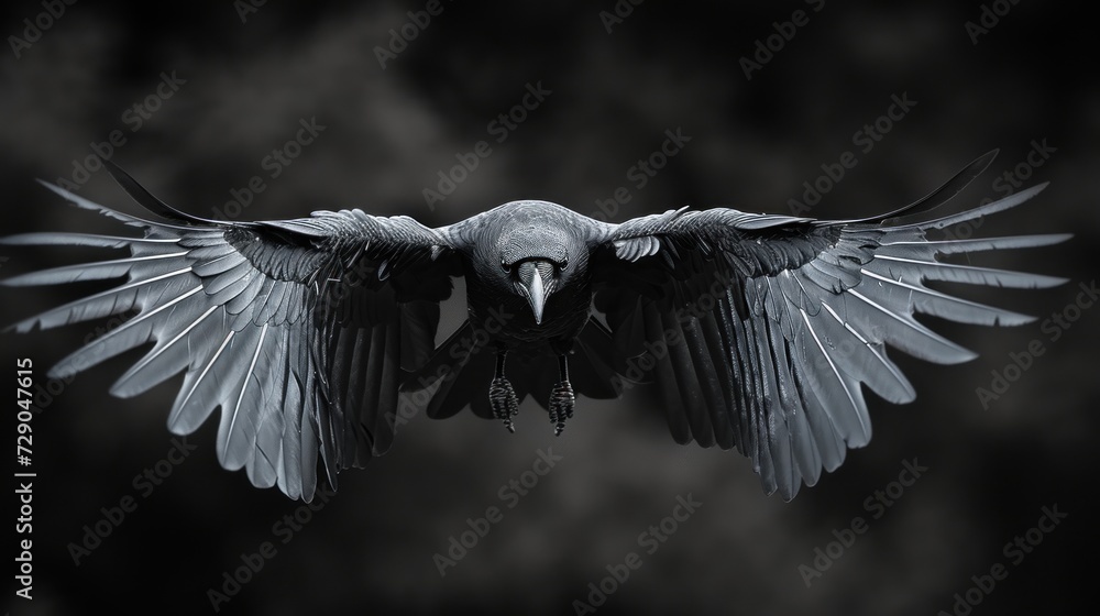 Captured in a close-up, a magnificent raven spreads its wings wide open ...