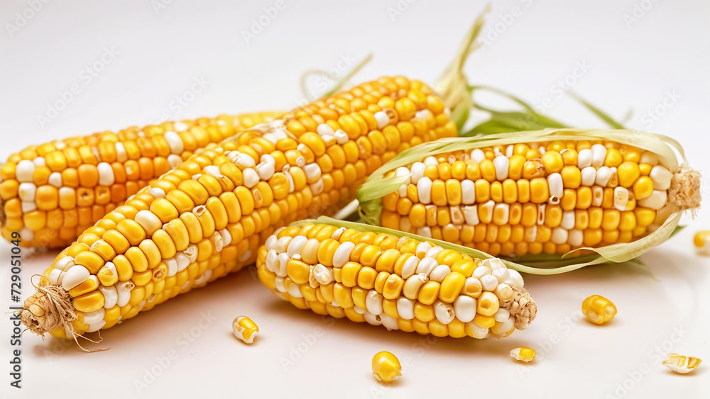 close-up of corn on the cob and corn kernels on a table. There are ...