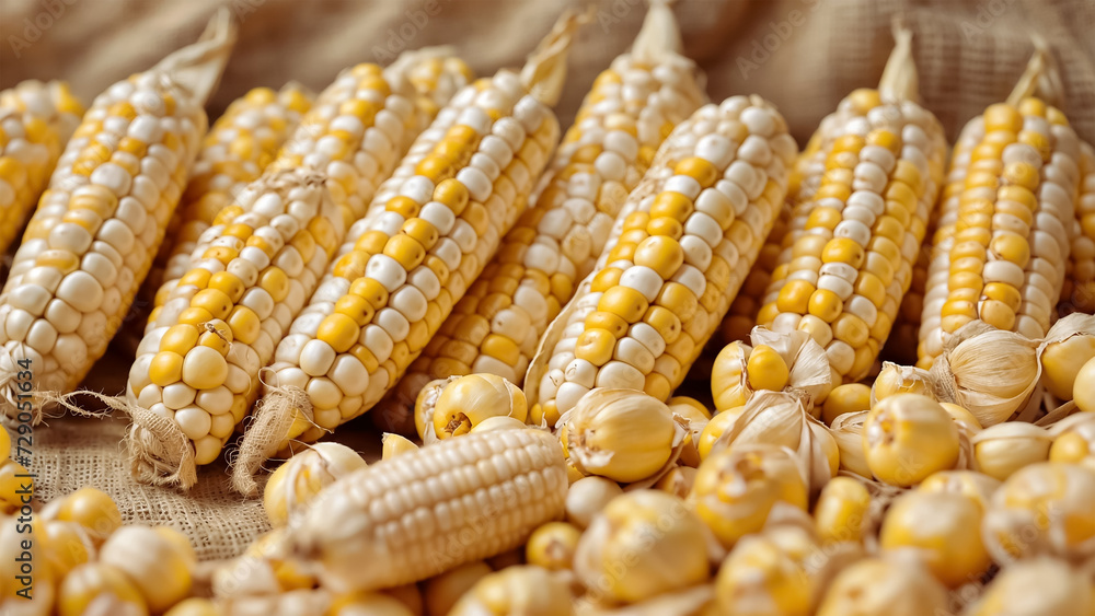 close-up of corn on the cob and corn kernels on a table. There are ...