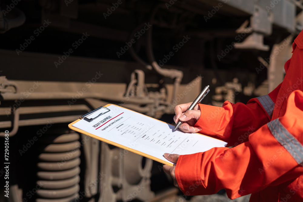 Action of a mechanic engineer is checking on heavy machine checklist ...