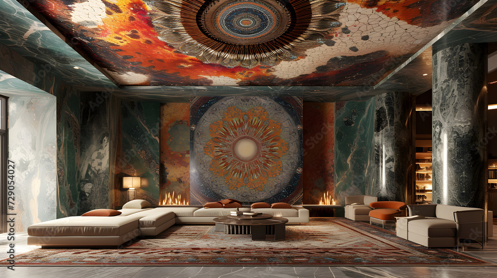 Upgrade your living space with a mandala-themed 3D ceiling against a ...