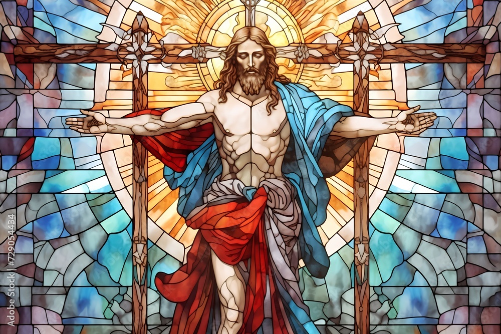 Jesus Christ on the cross in the stained glass window of the church ...