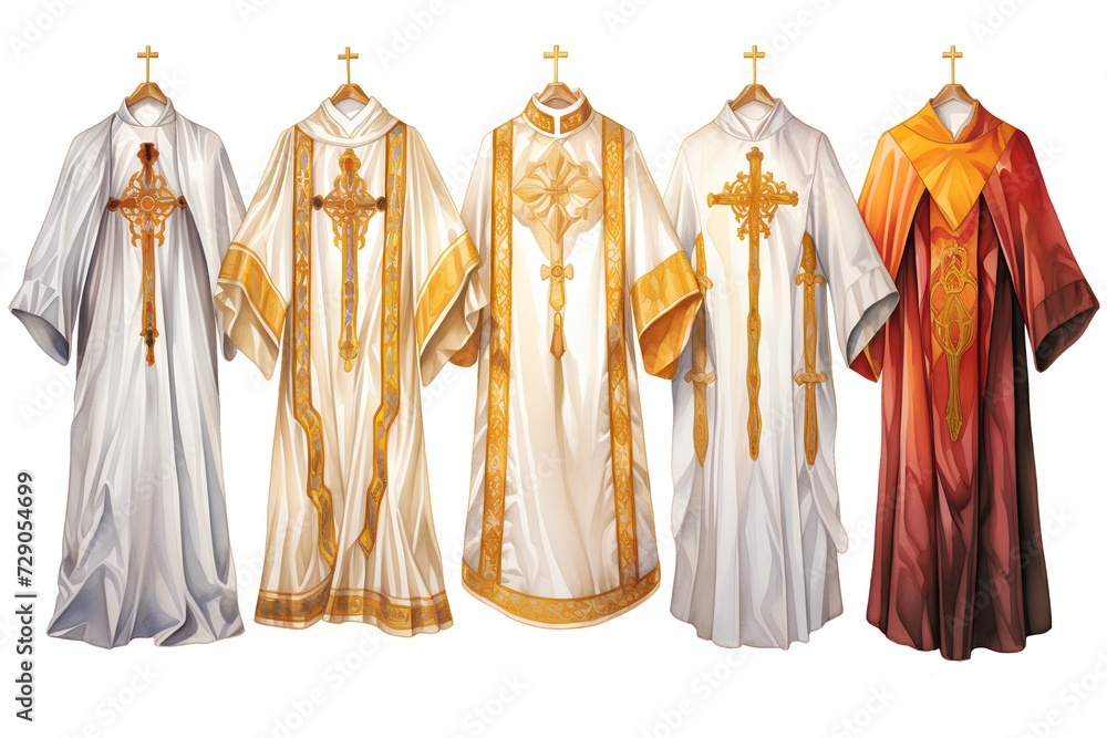 Set of different religious christian dresses isolated on white ...