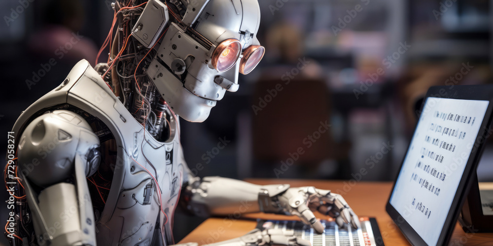 Advanced AI robot engaged in mathematics, attending a class with a ...