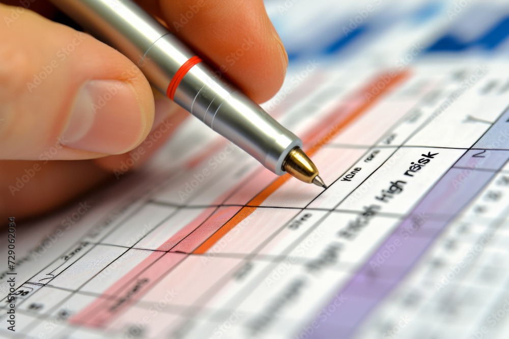 Action of a person is using ballpoint pen to marking on the risk ...