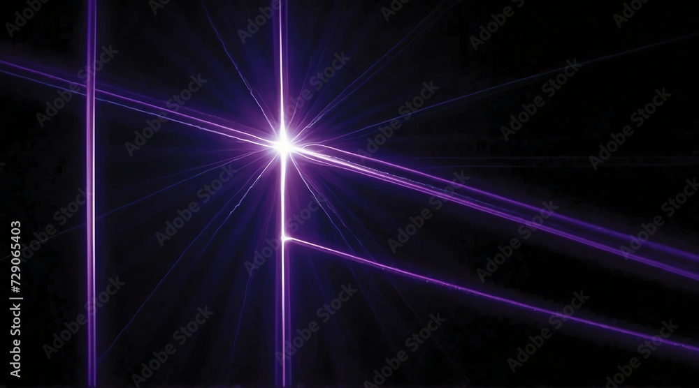 Reflective purple laser straight light ray on a plain black background ...