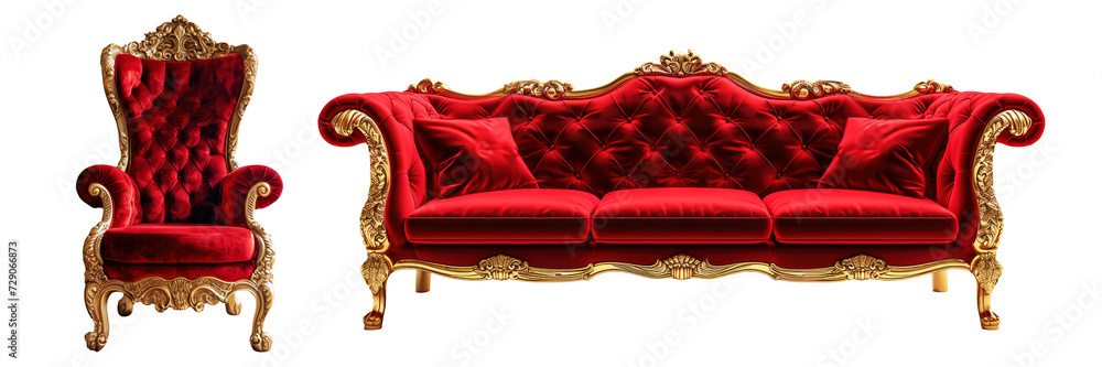 Baroque red velvet chair and sofa isolated on transparent background ...