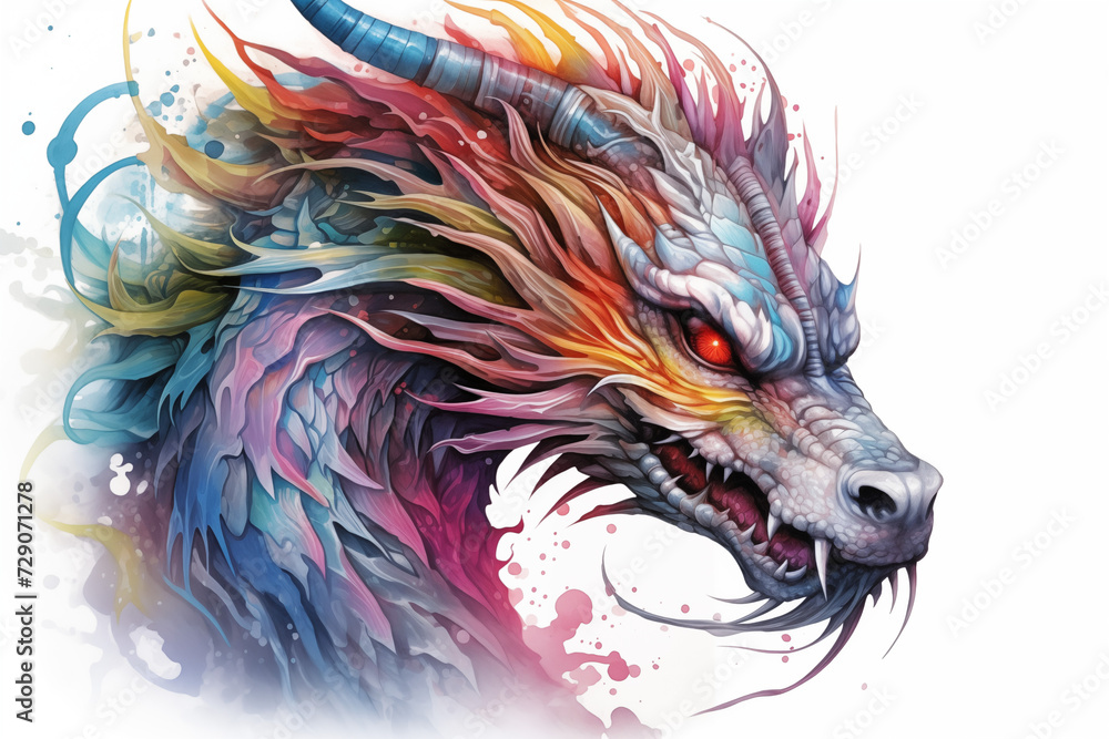 Colors dragon tattoo on a white background. Woman's tattoo. Men's tatoo ...