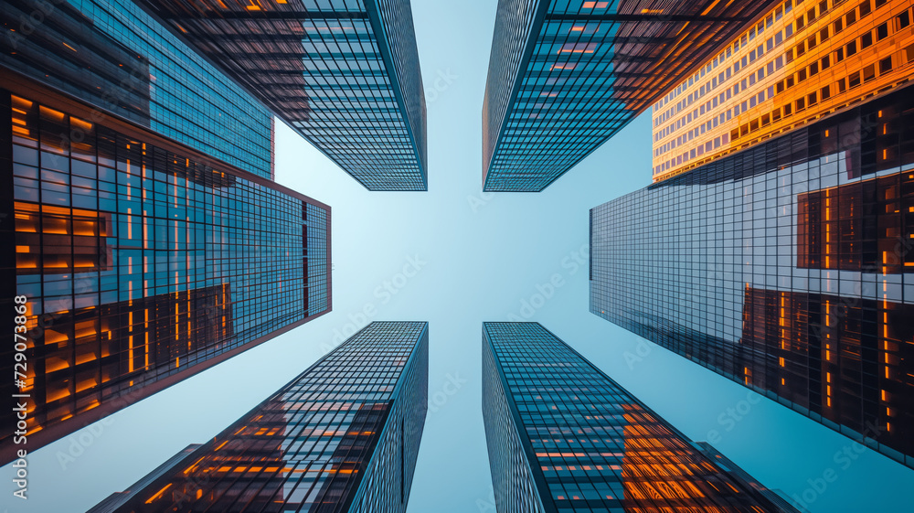 captivating skyward perspective of towering skyscrapers converging into ...